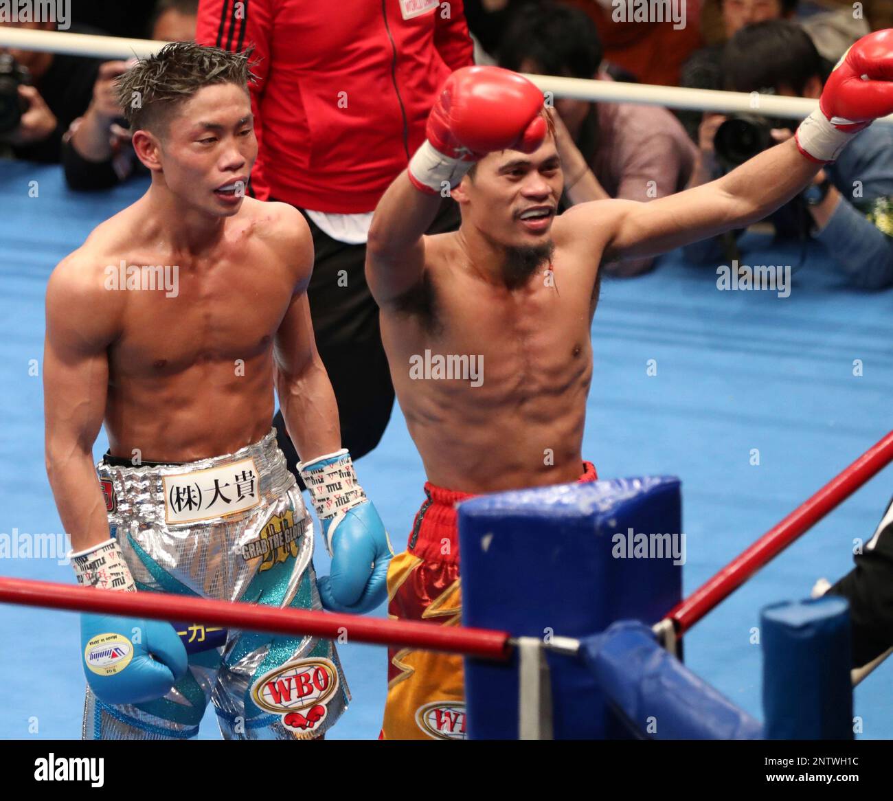 Philippines WBO minimumweight champion Vic Saludar (R) celebrates after ...