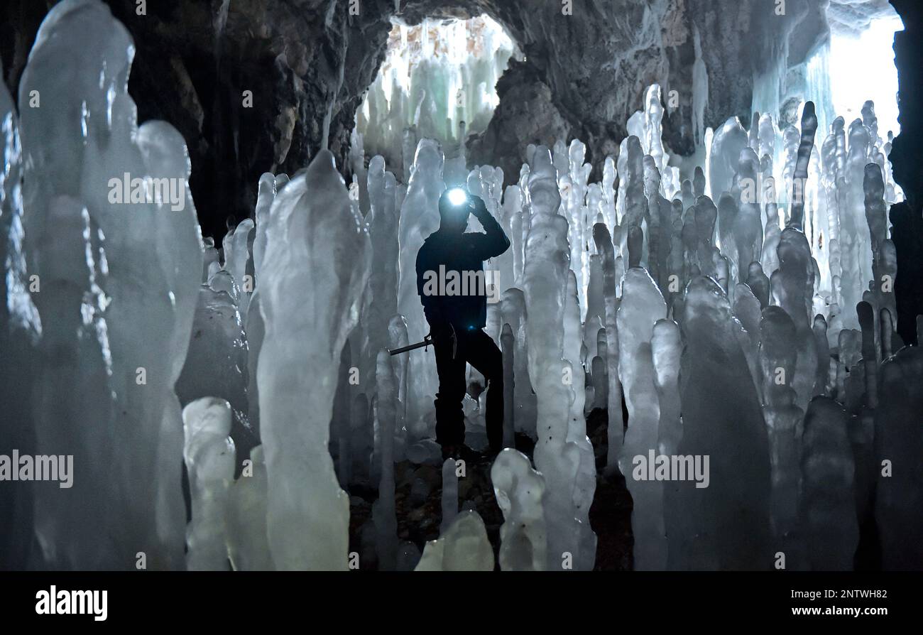 A photo shows ice stalagmites seen at a cave in Nanae, Hokkaido on ...