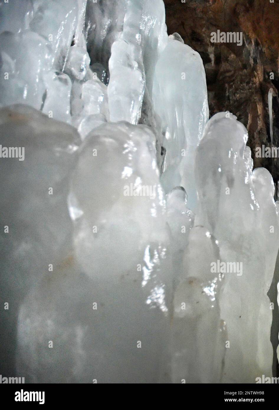 A photo shows ice stalagmites seen at a cave in Nanae, Hokkaido on ...