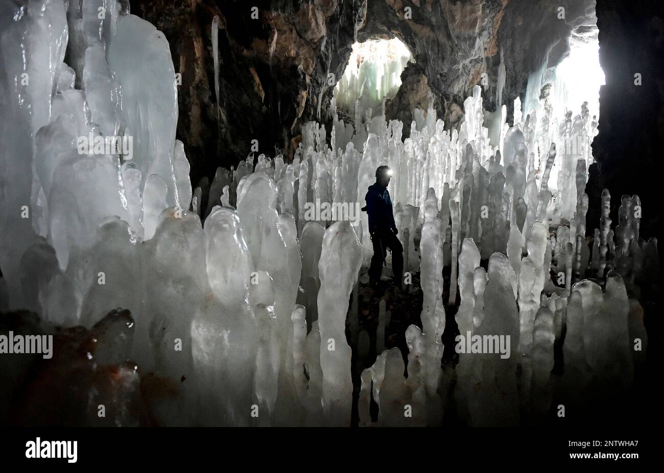A photo shows ice stalagmites seen at a cave in Nanae, Hokkaido on ...
