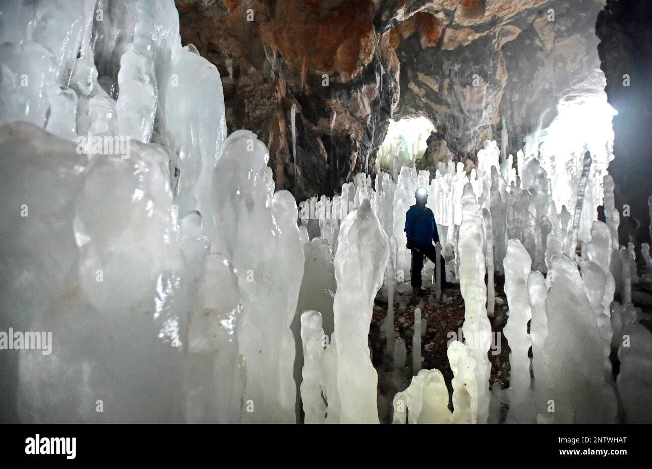 A photo shows ice stalagmites seen at a cave in Nanae, Hokkaido on ...