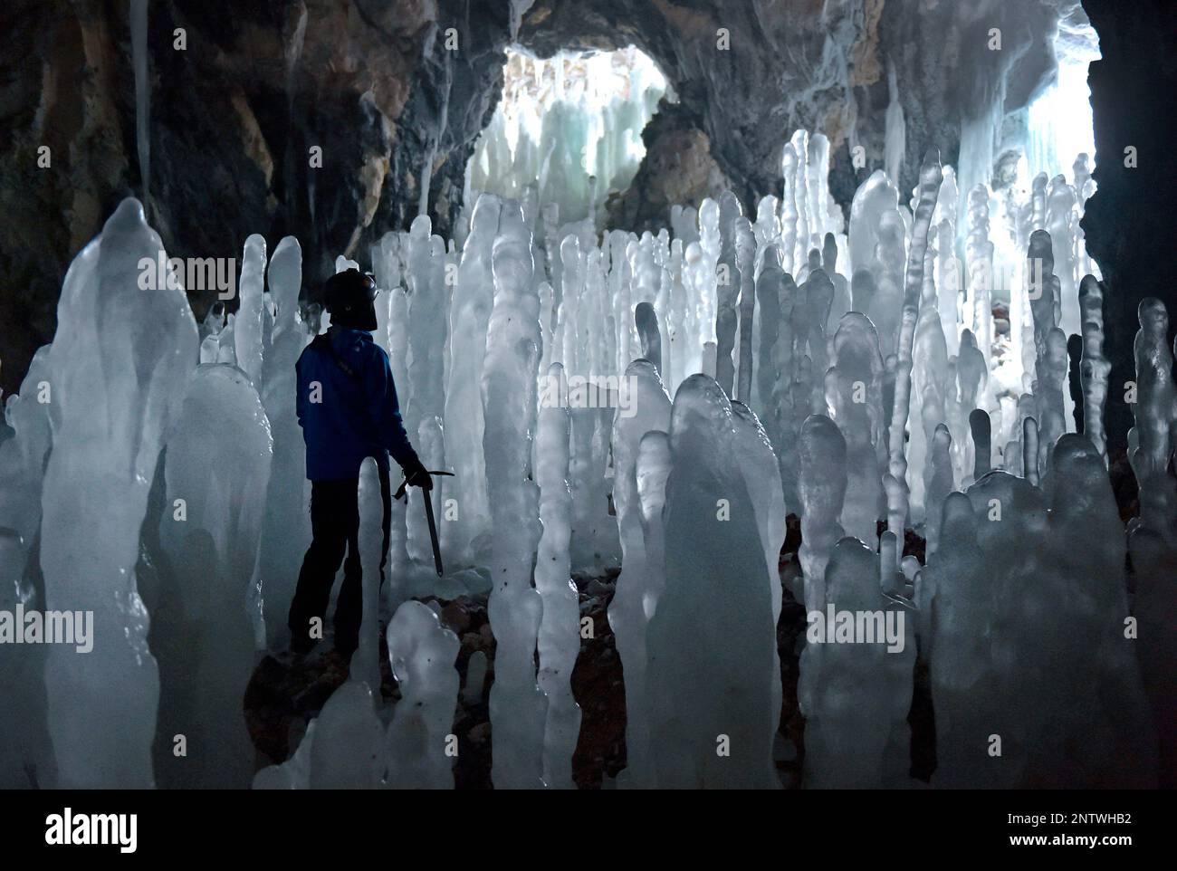 A photo shows ice stalagmites seen at a cave in Nanae, Hokkaido on ...