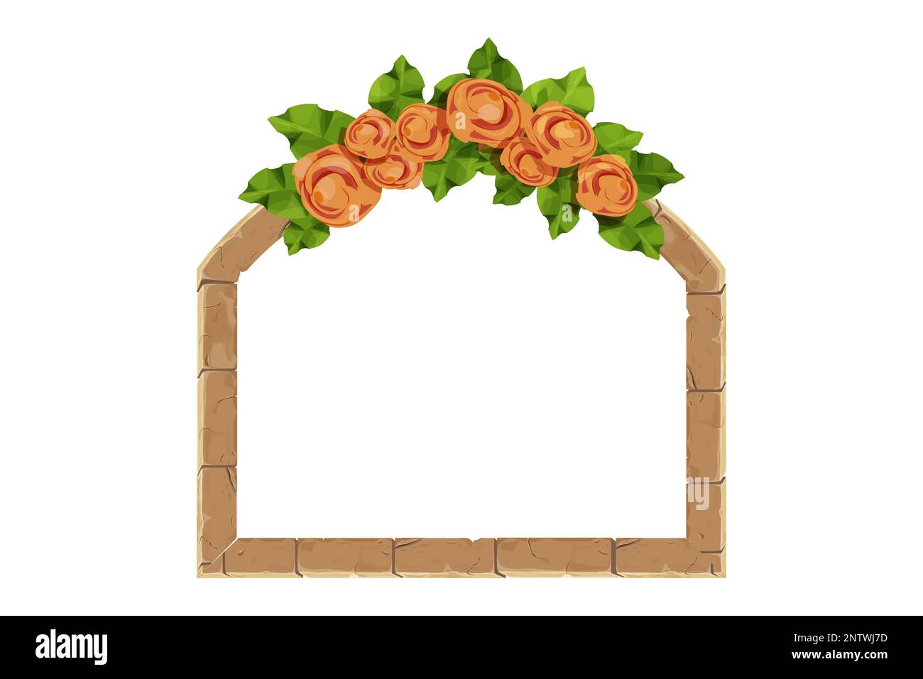 Stone arch frame with floral elegant decoration, flowers and leaves in ...
