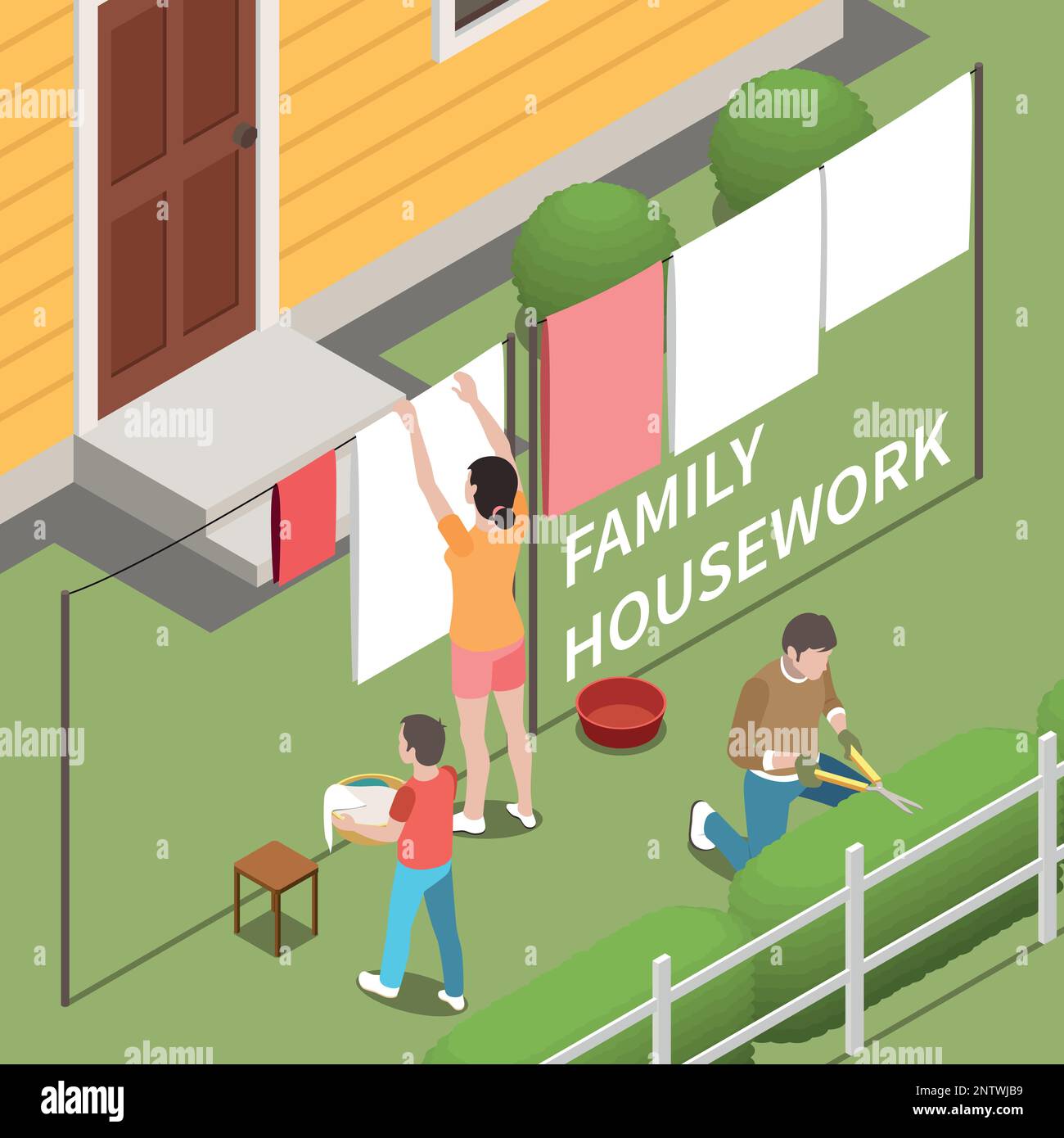 Family housework isometric background with son helping mother hang up ...