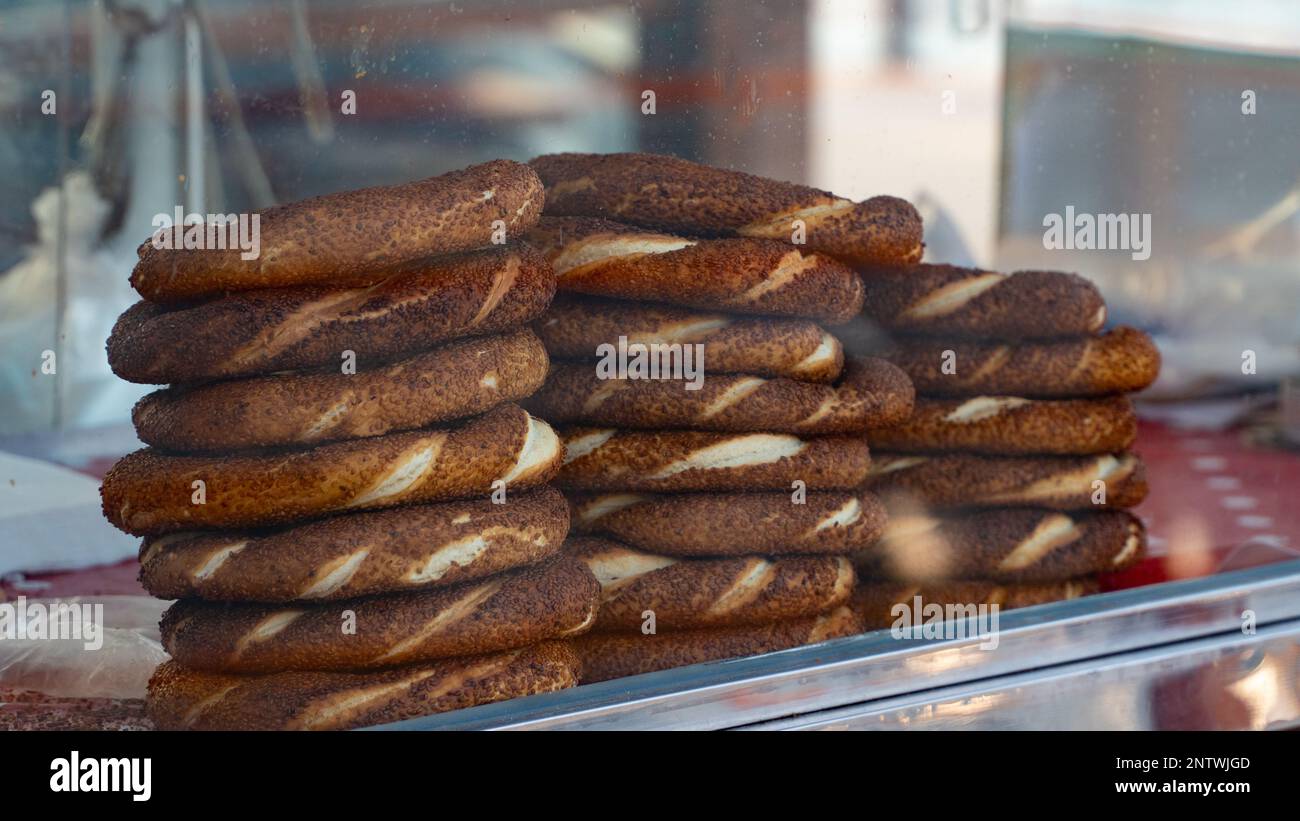 Simit. Traditional Turkish food simit. Street food of Turkey. Group of ...