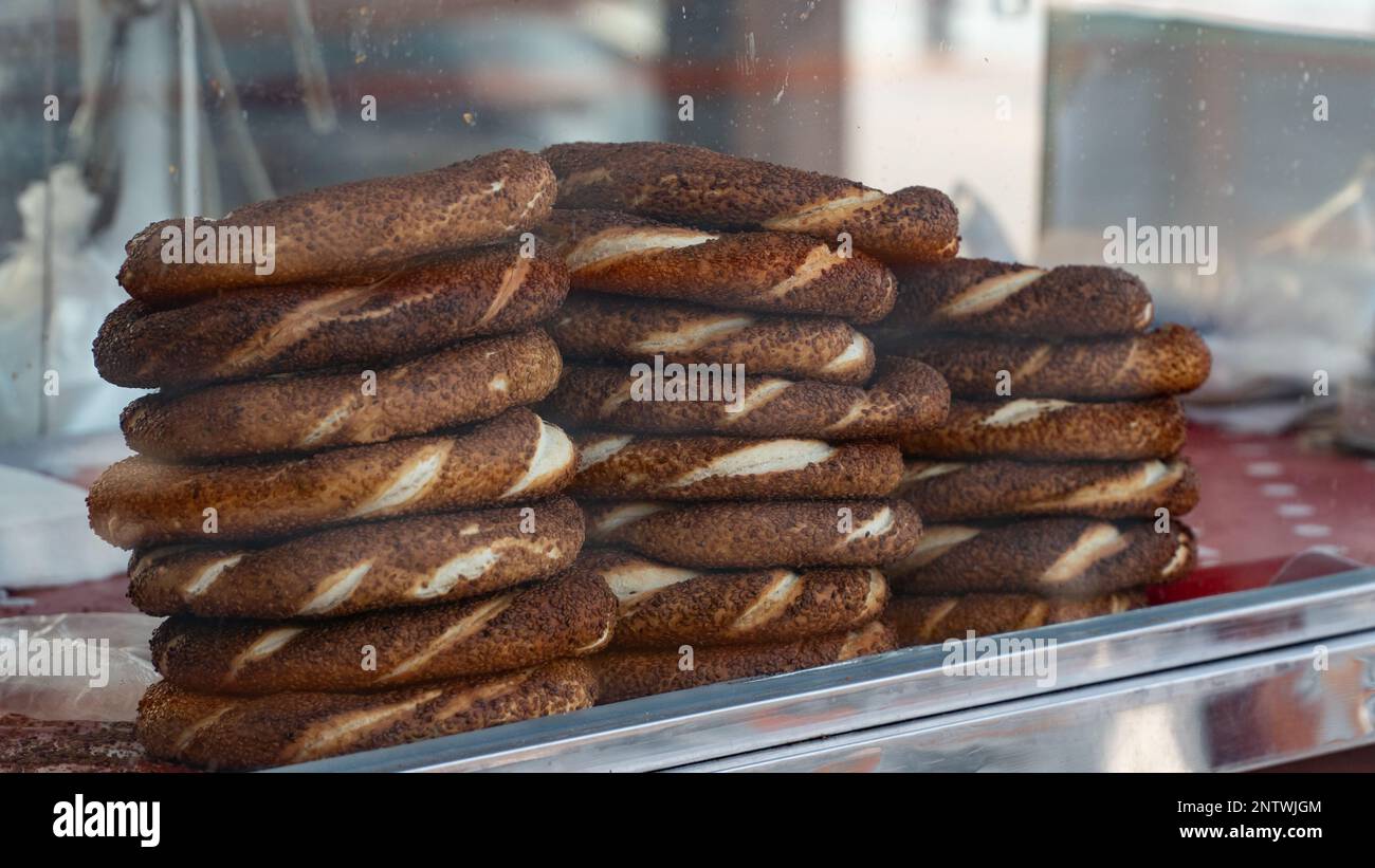 Simit. Traditional Turkish food simit. Street food of Turkey. Group of ...