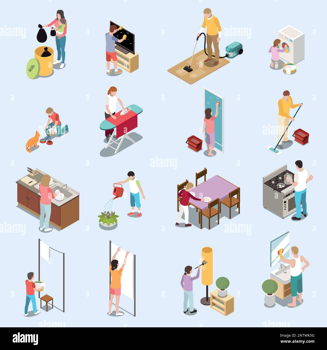 Family housework isometric set of adult and children involved in home ...
