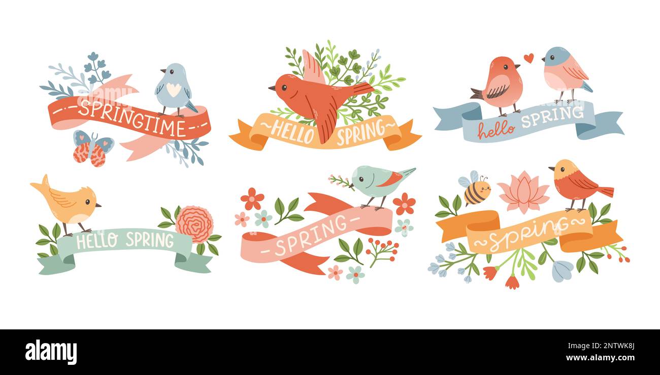Spring labels set with season quotes, bird, ribbon. Hand drawn spring ...