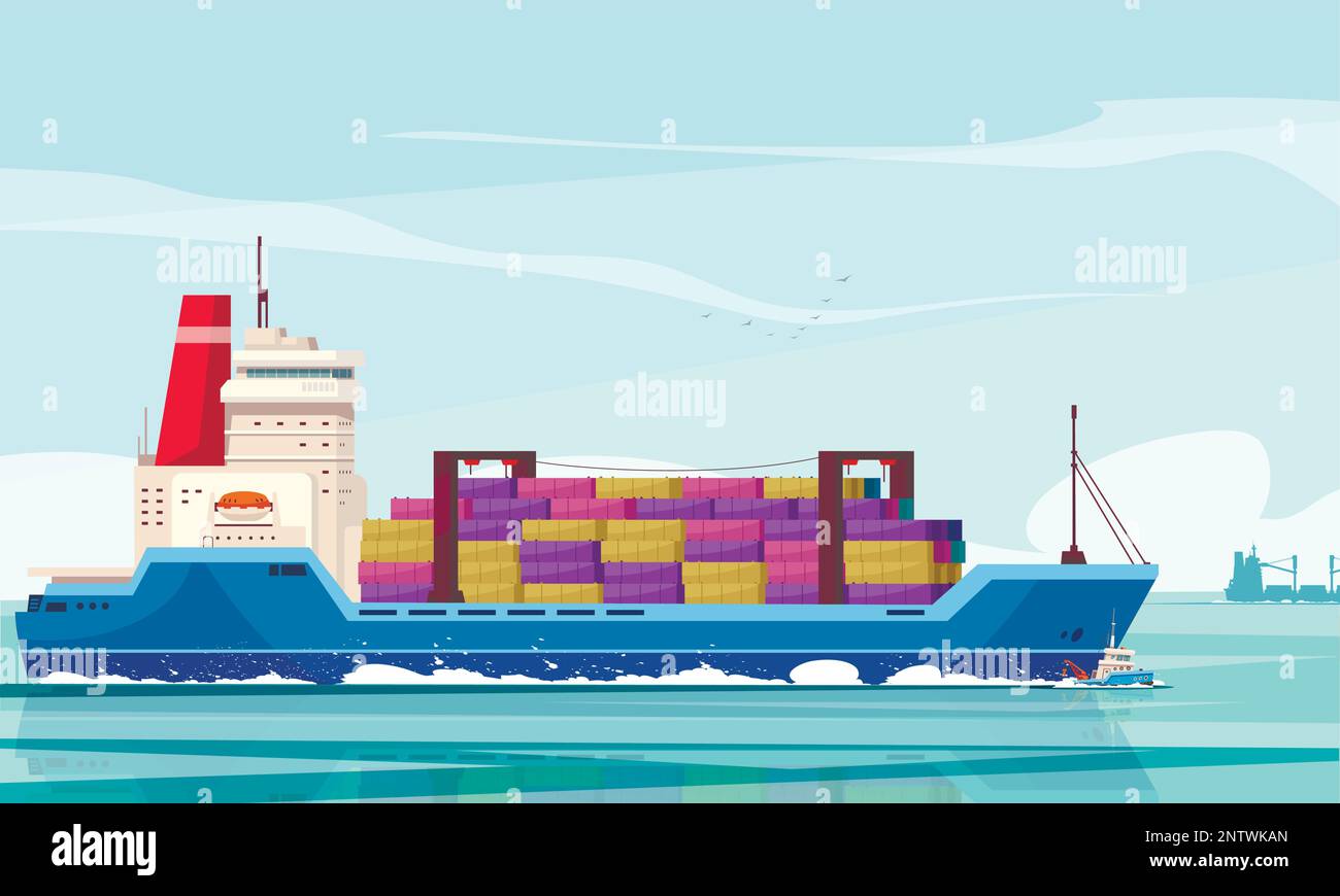 Cargo ships background with shipping and delivery symbols flat vector ...