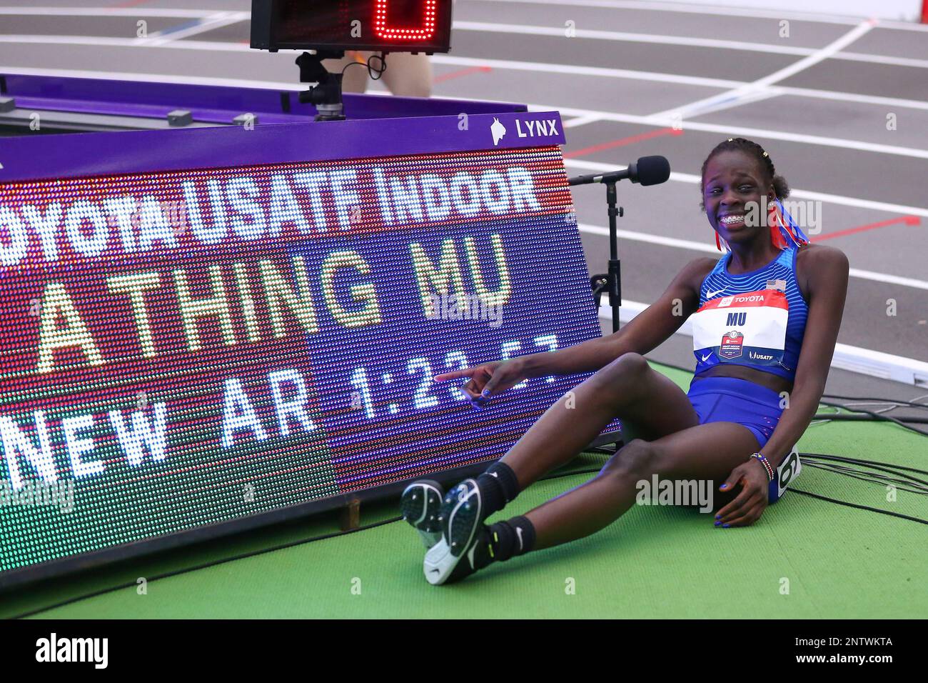Athing Mu celebrates in front of her new American Record time in the ...