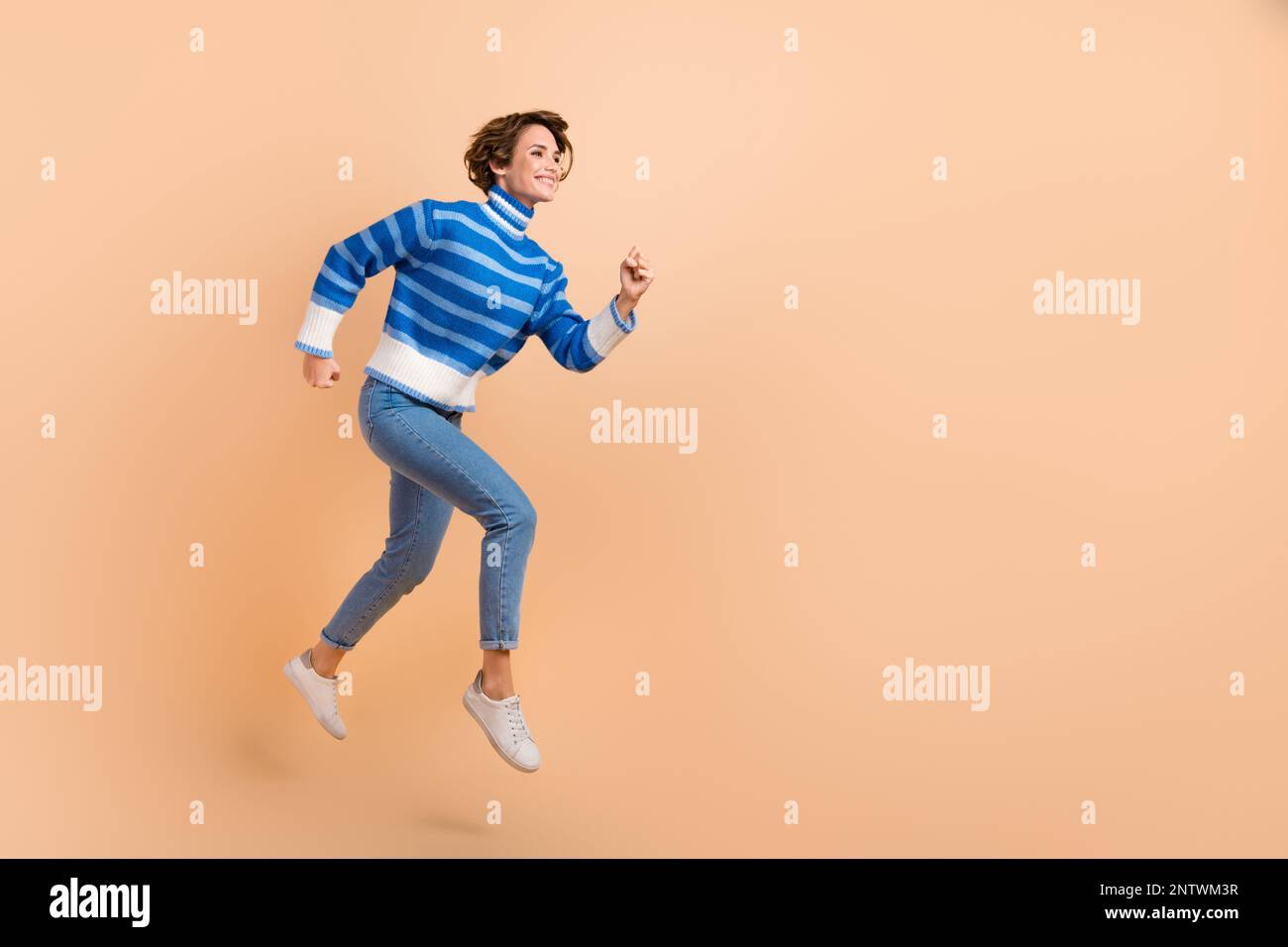 Full body length photo of active running hurry woman fast speed ...