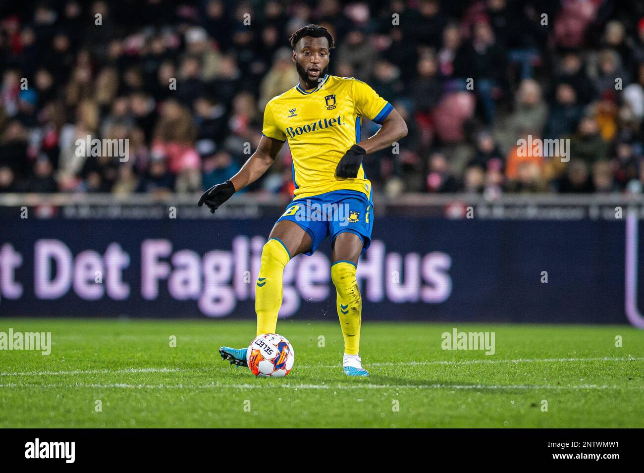 Herning, Denmark. 27th Feb, 2023. Kevin Tshiembe (18) of Broendby IF ...