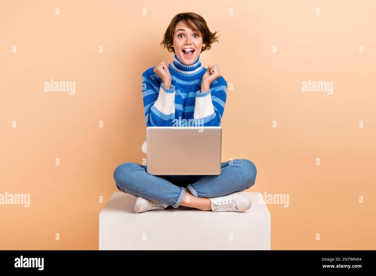 Full body size photo of program it developer girl started first code ...