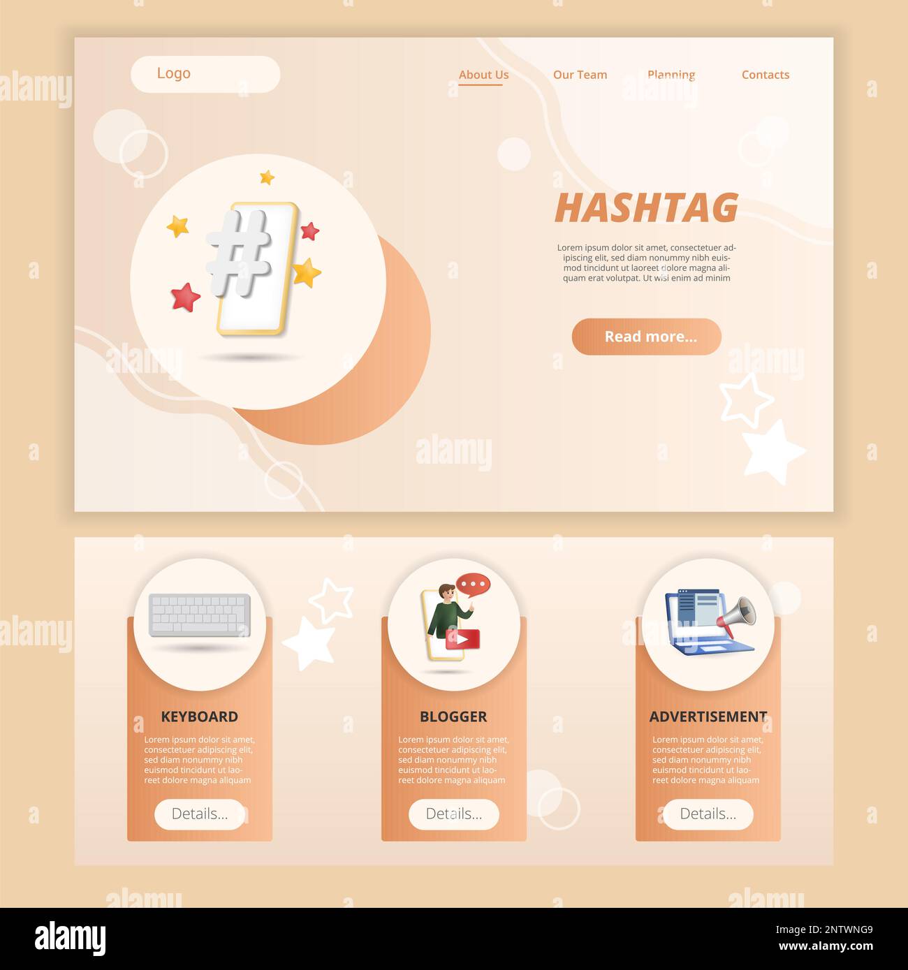 Hashtag flat landing page website template. Keyboard, blogger ...