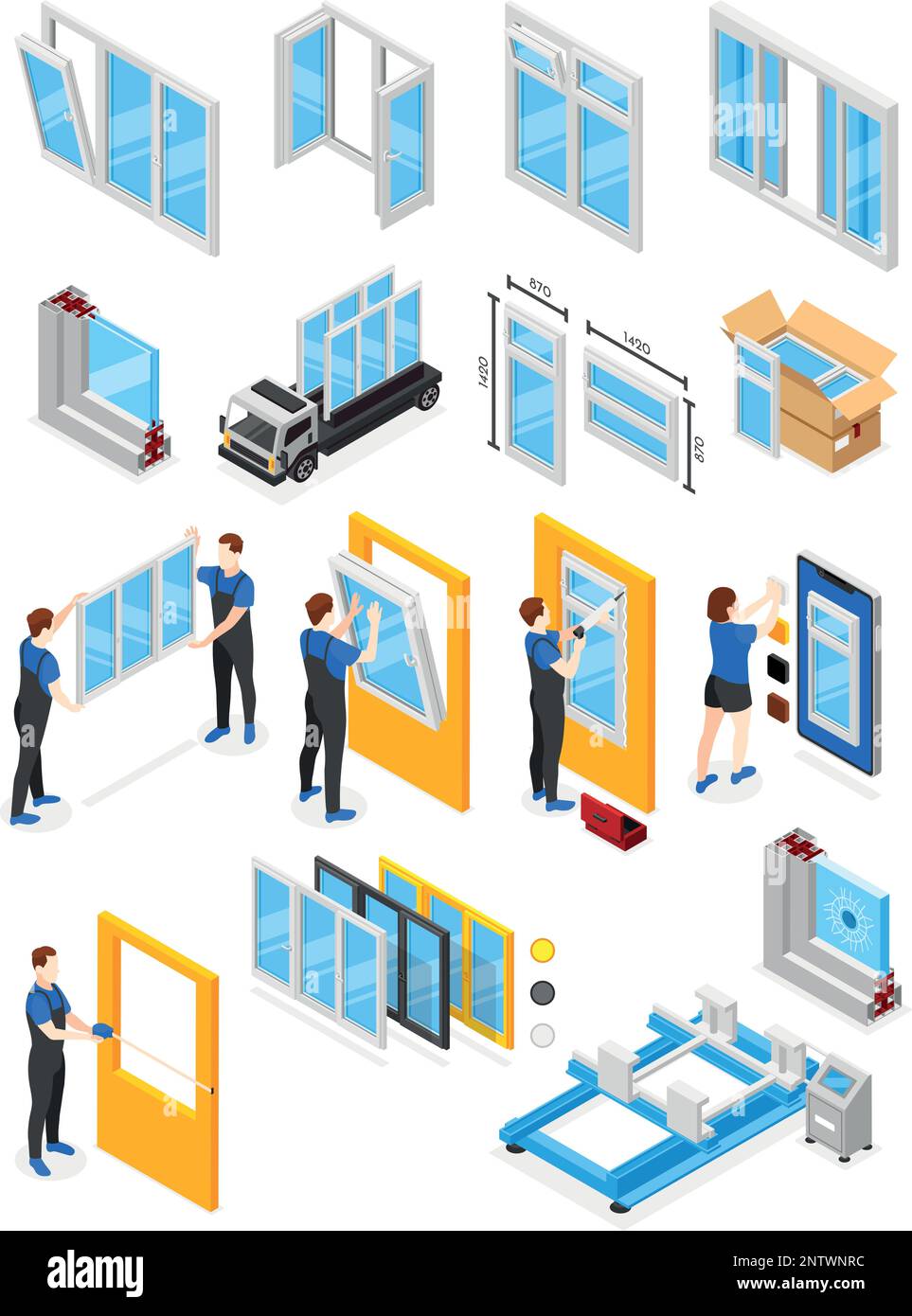 Plastic windows isometric icons set with workers making reparing and ...