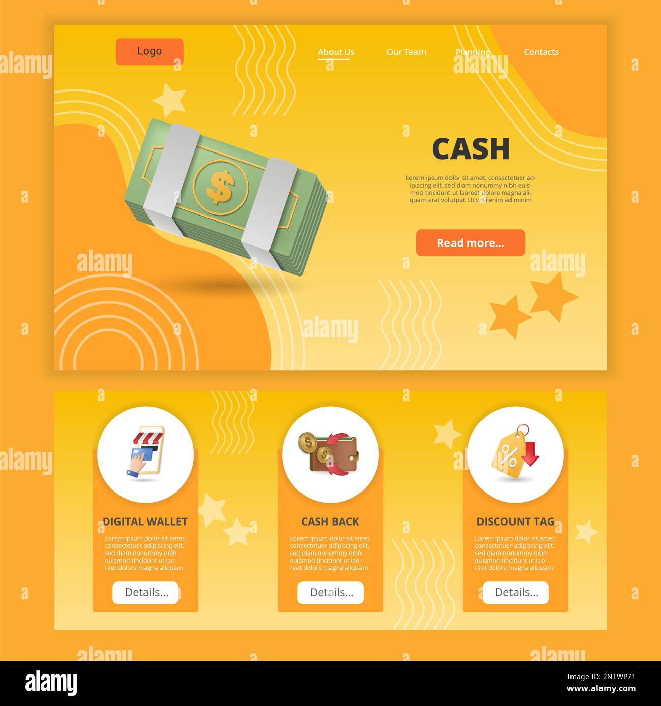 Cash flat landing page website template. Digital wallet, cash back ...