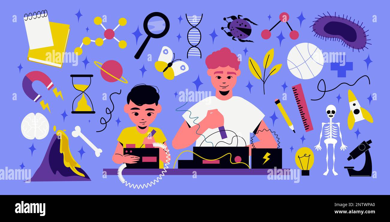 Stem camp children big set with study and lab symbols flat isolated ...