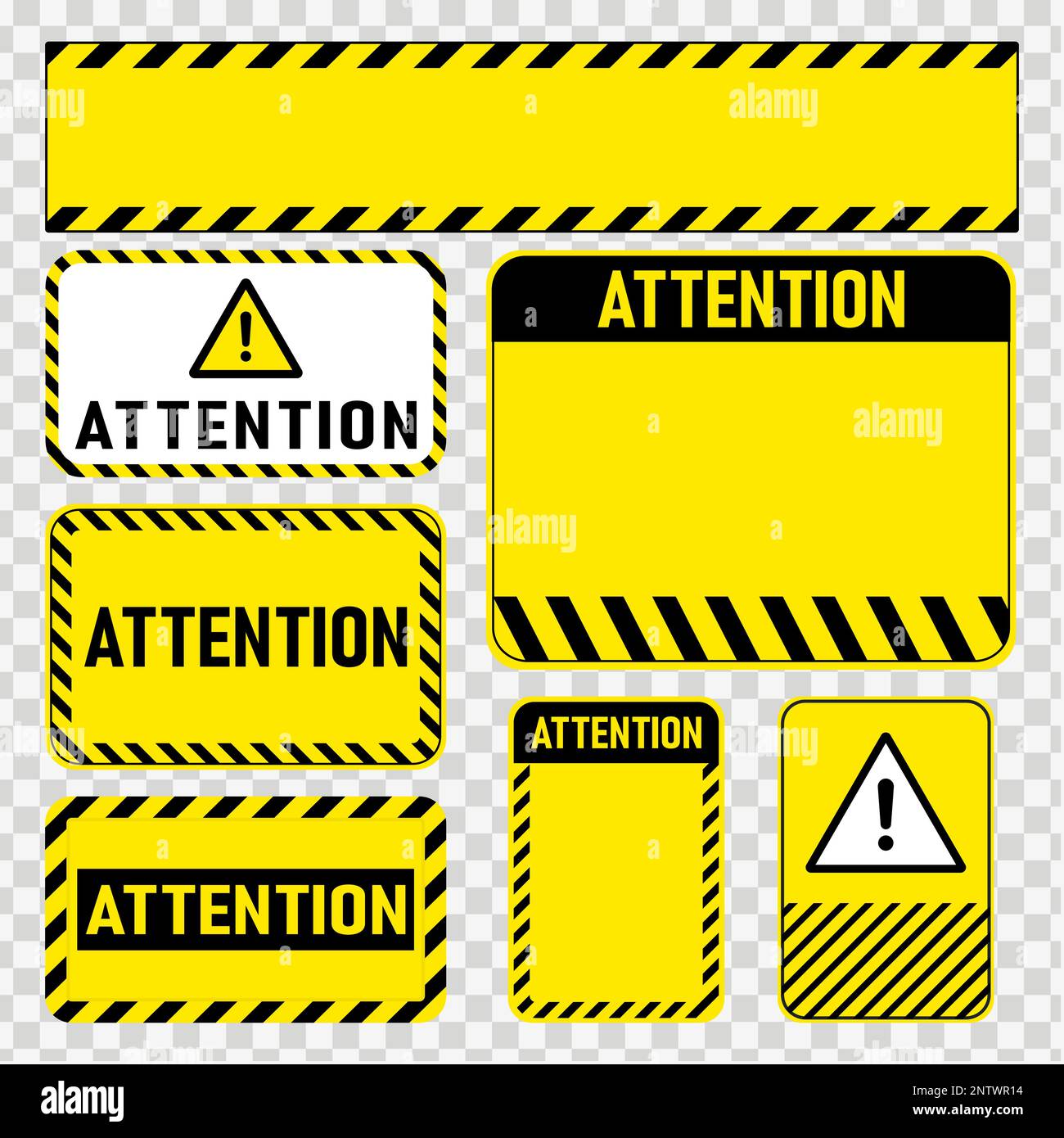 Attention sign set. Various black and yellow warning signs with ...