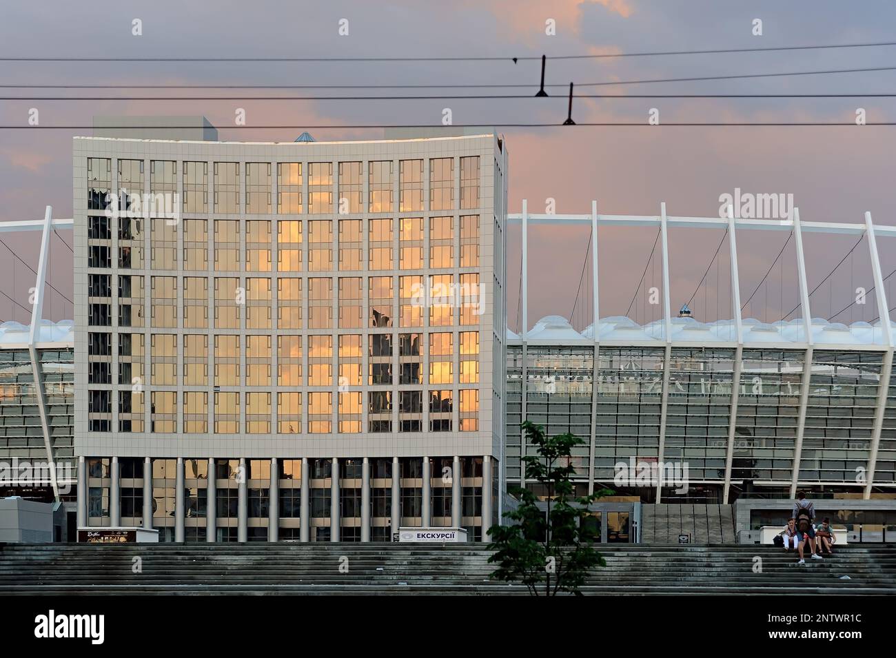 Close-up view of the new Olympic National Sports Complex at sunset ...