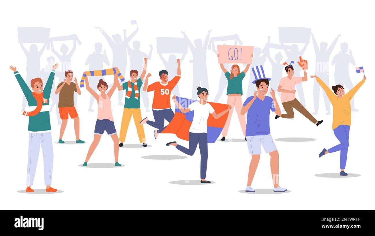 Crowd of cheering sport fans with flags posters scarves with people ...