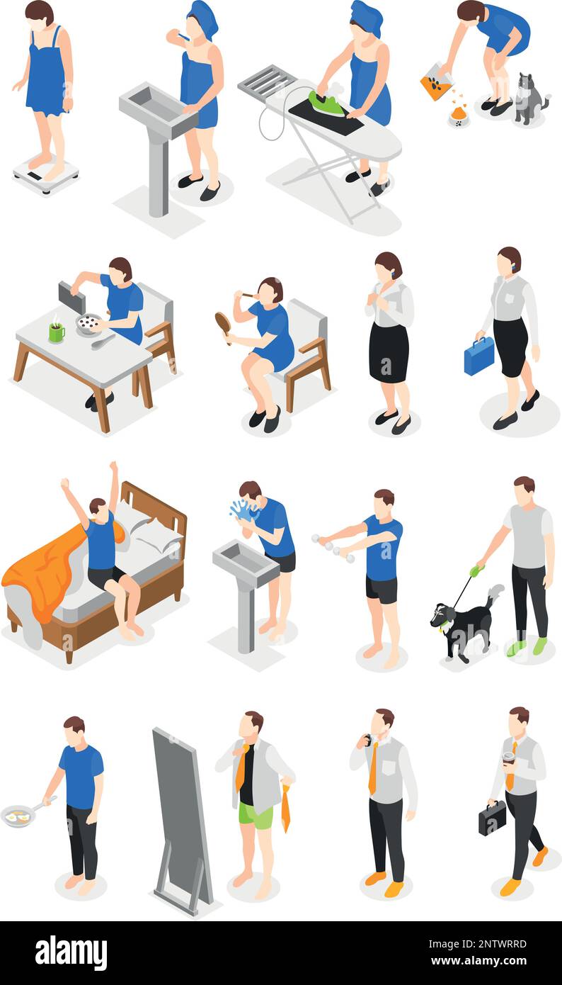 People morning routine isometric icons set with man and woman doing ...