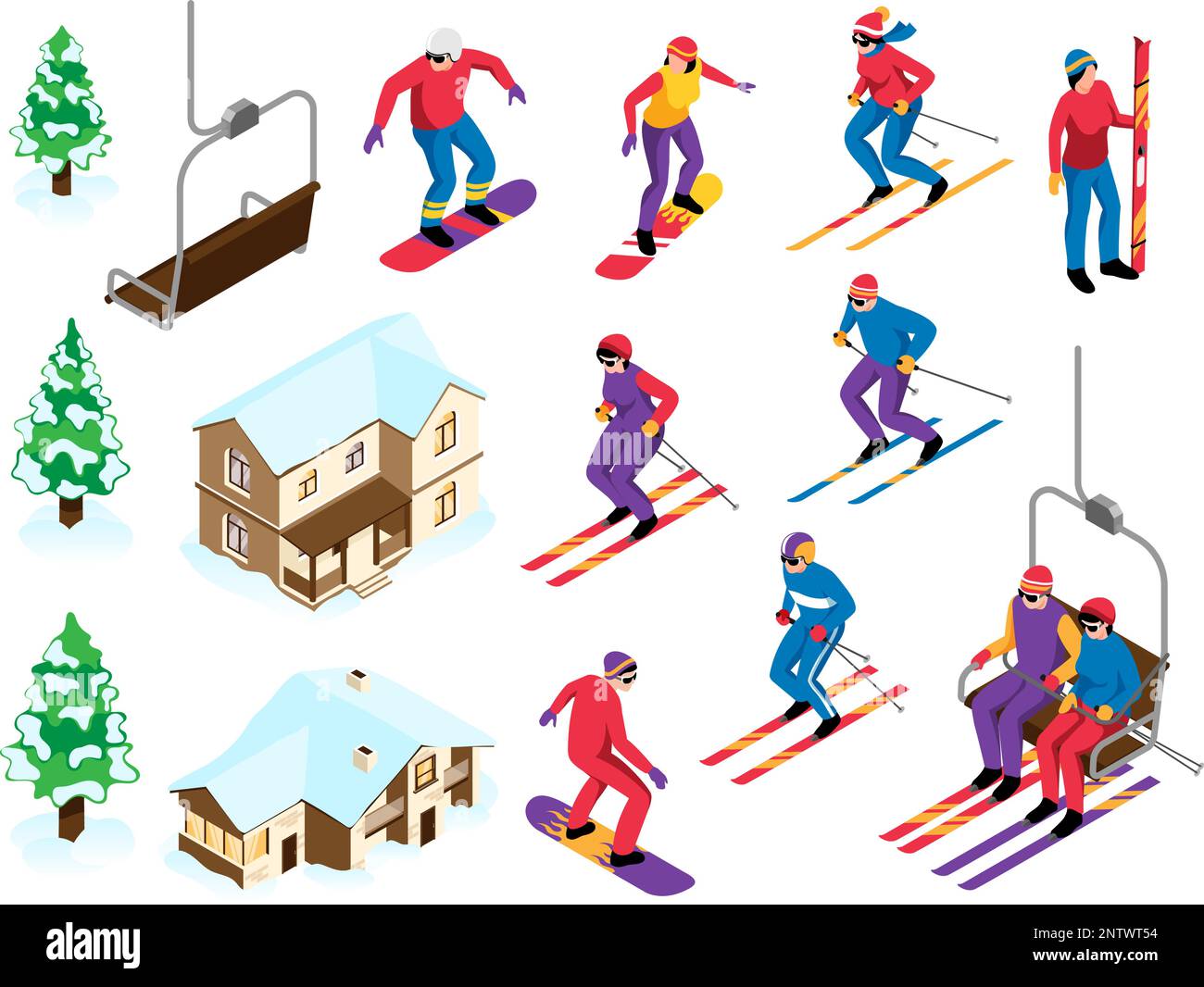 Isometric ski resort icons set with sportsmen and ski equipment ...