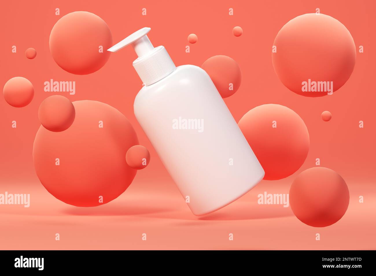 Cosmetic plastic bottle on orange background with bubbles. Liquid ...