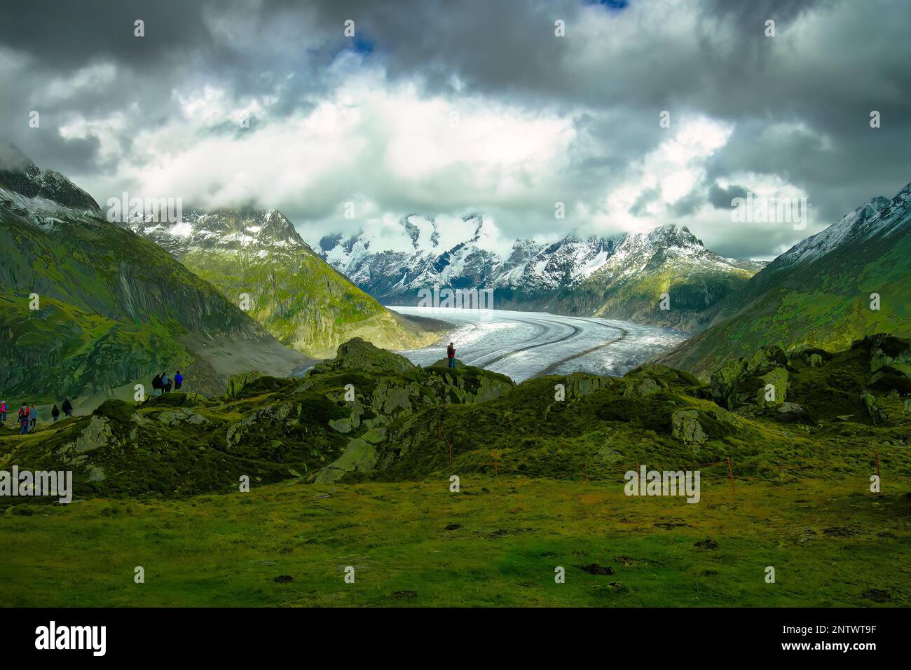 Panoramic aerial view of Aletschgletscher glacier from Moosfluh ...