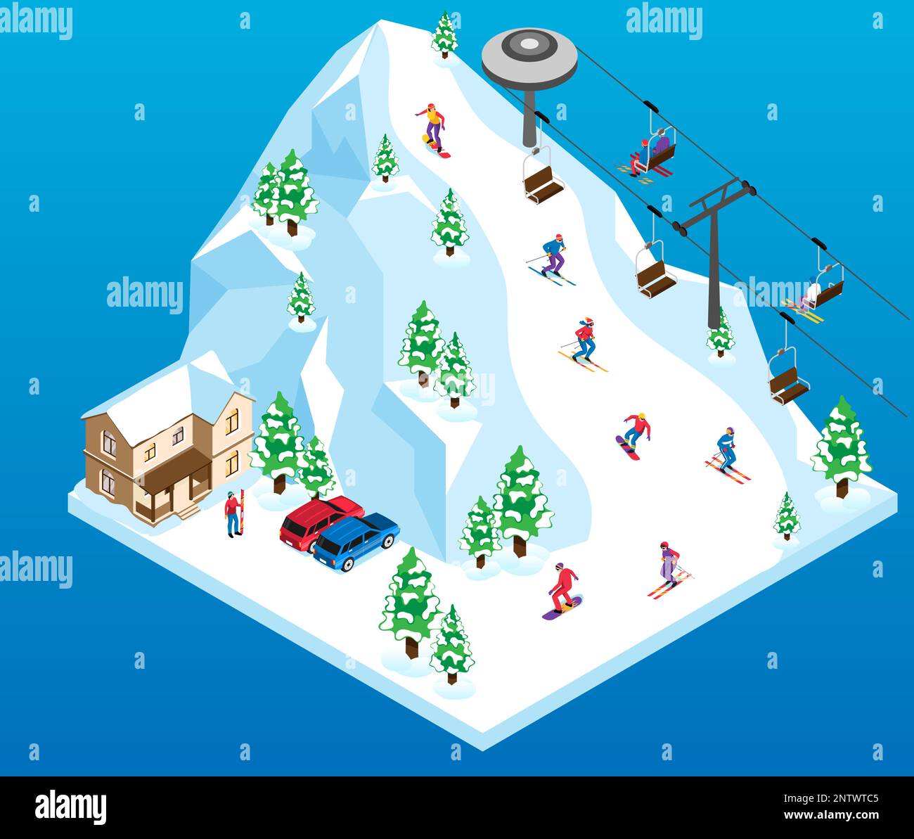 Isometric ski resort with sportsmen on snowy hill vector illustration ...