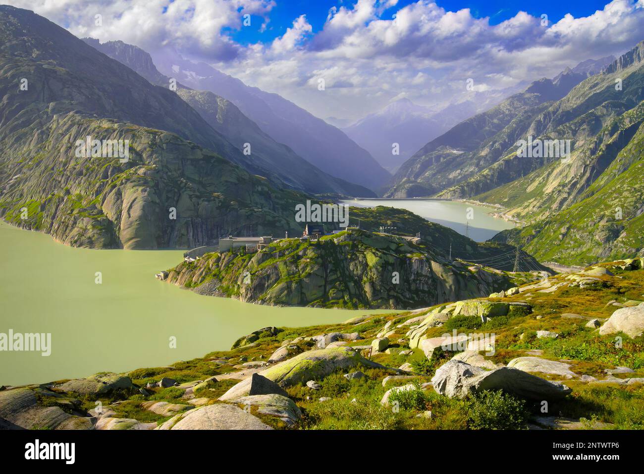 Panoramic view of the Grimselpass mountain pass, Switzerland's border ...