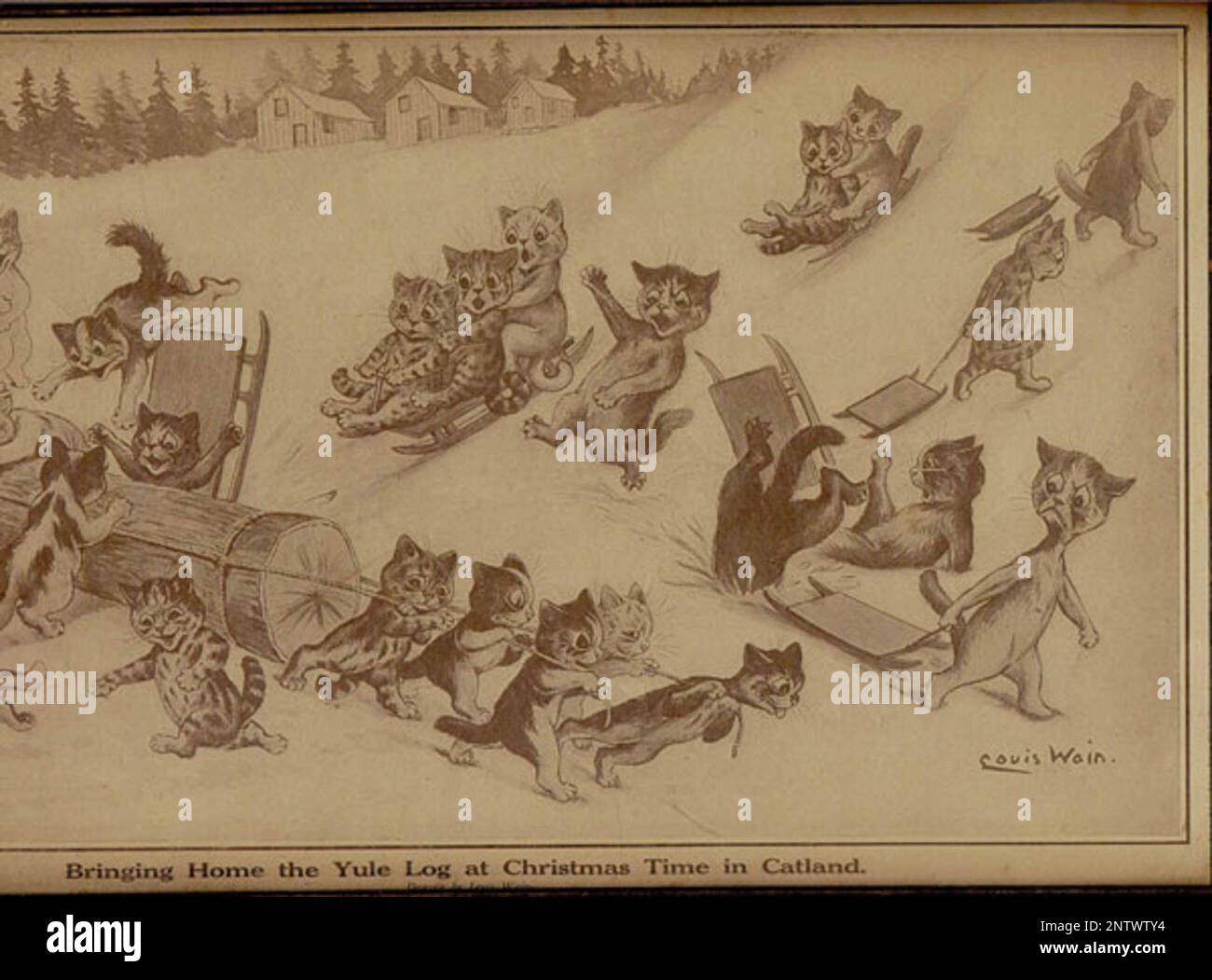 Cats bringing in a Yule log; one of Louis Wain's images of Catland ...