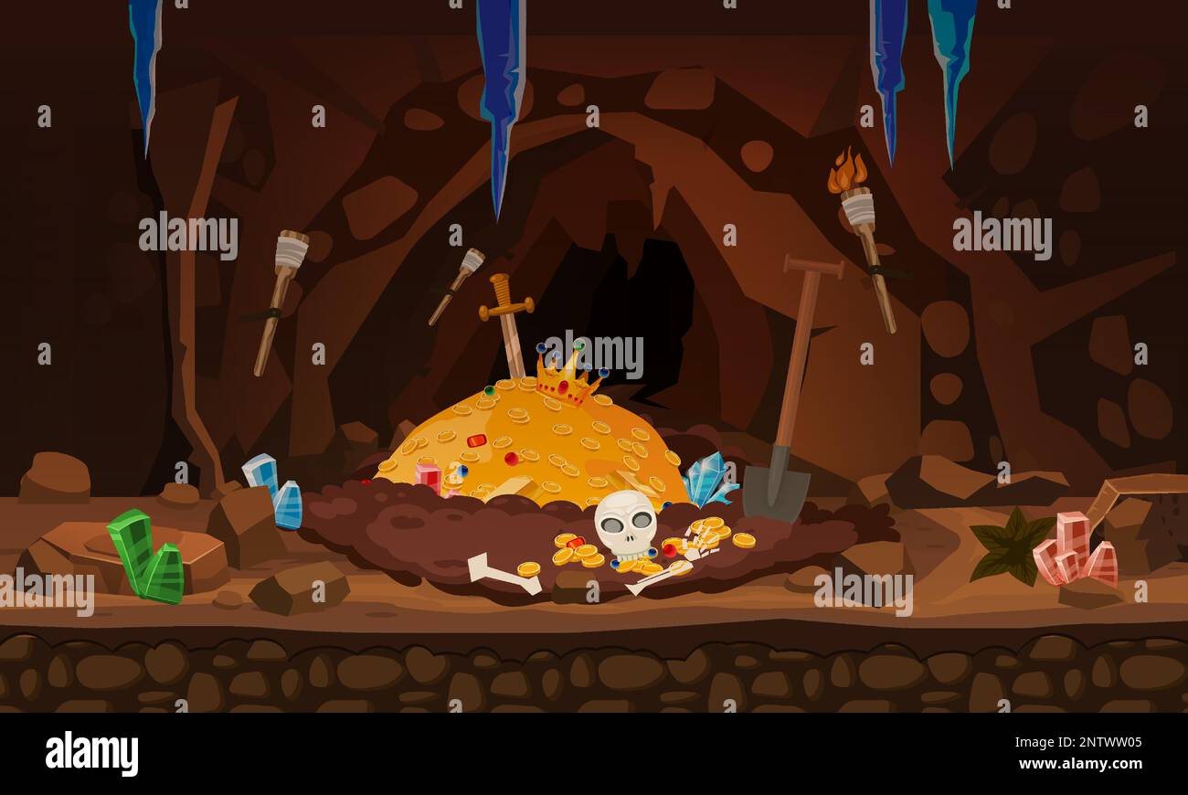 Fantasy Treasure cave with pile of gold coins, crystals, gem, money ...