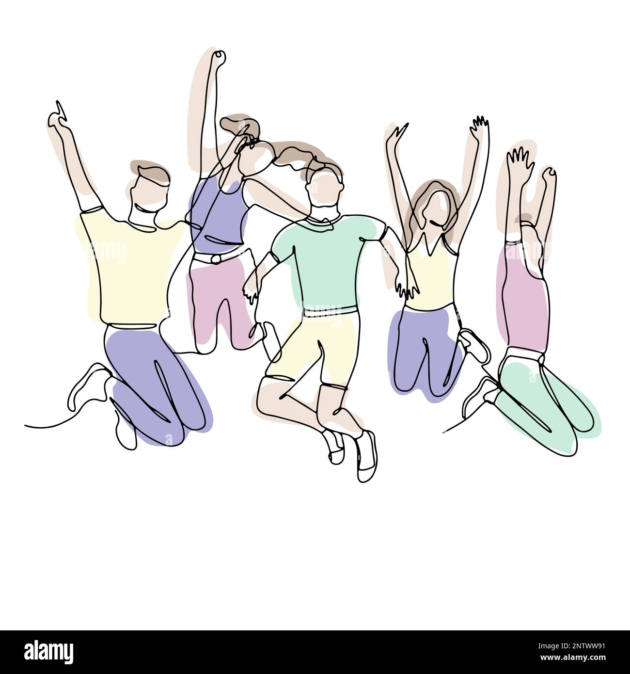 Single line drawing of jumping people, men and women with pastel ...