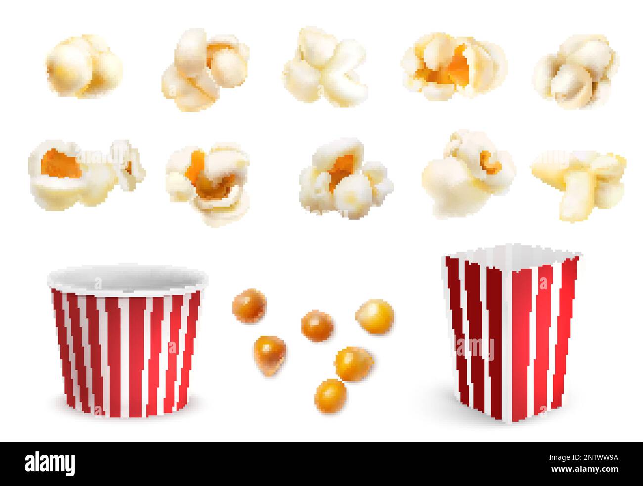 Realistic popcorn grains fluffy pieces and carton bucket icons set ...