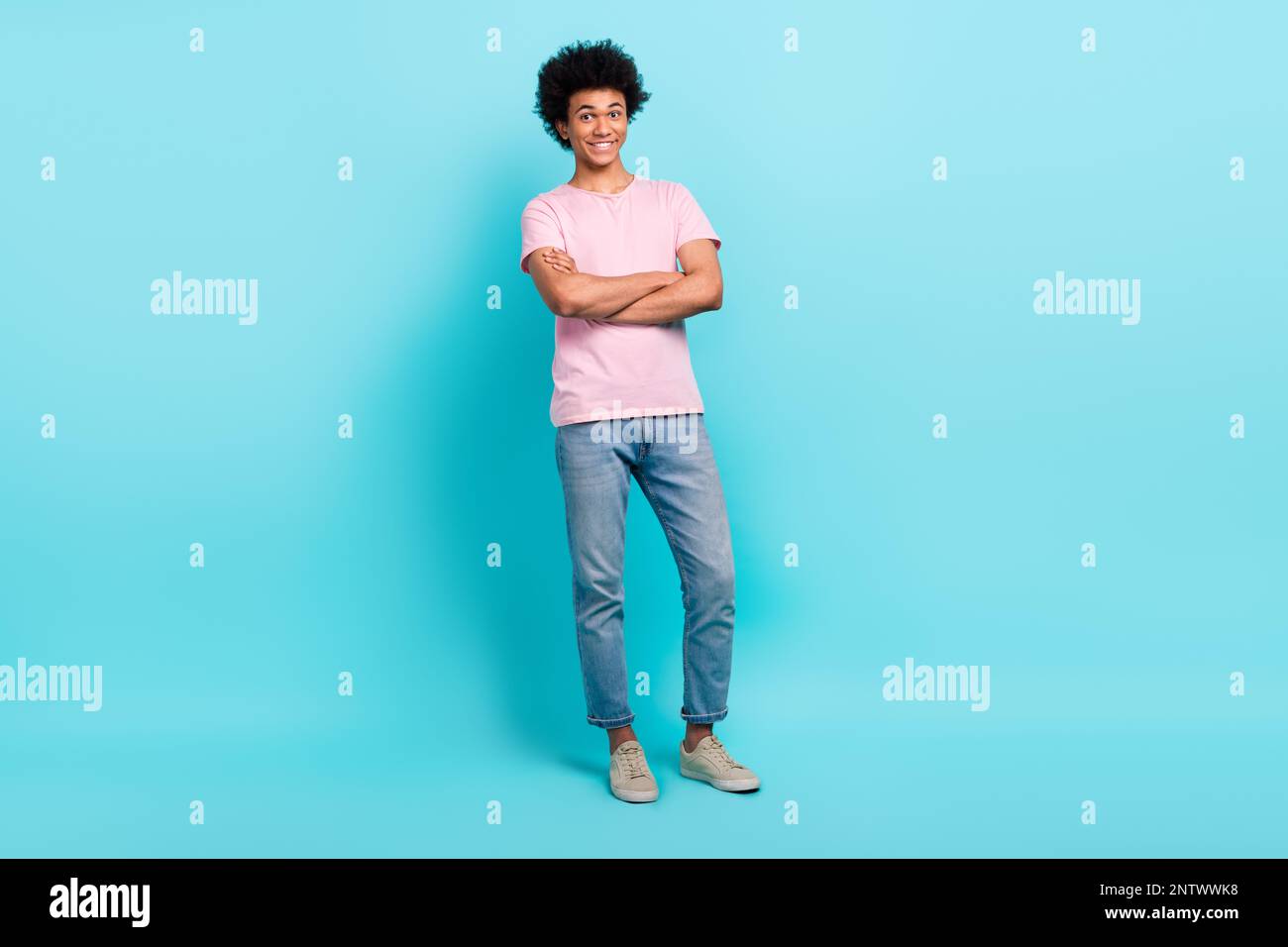 Full length photo of youth satisfied positive guy funny chevelure ...
