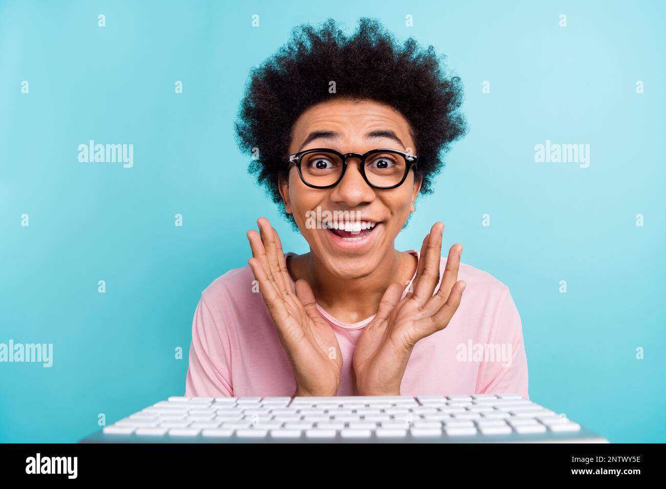 Closeup photo of funny reaction hands cheeks keyboard impressed unexpected lucky browsing ...