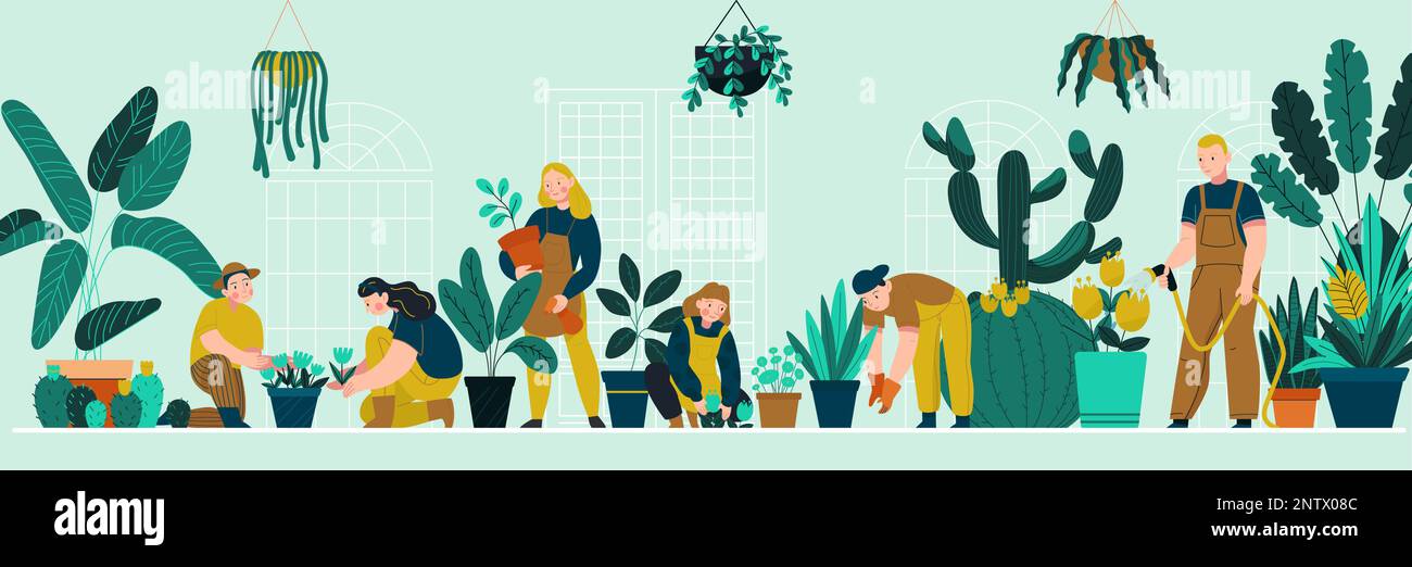 Botanical garden poster with people growing plants in pots flat vector ...