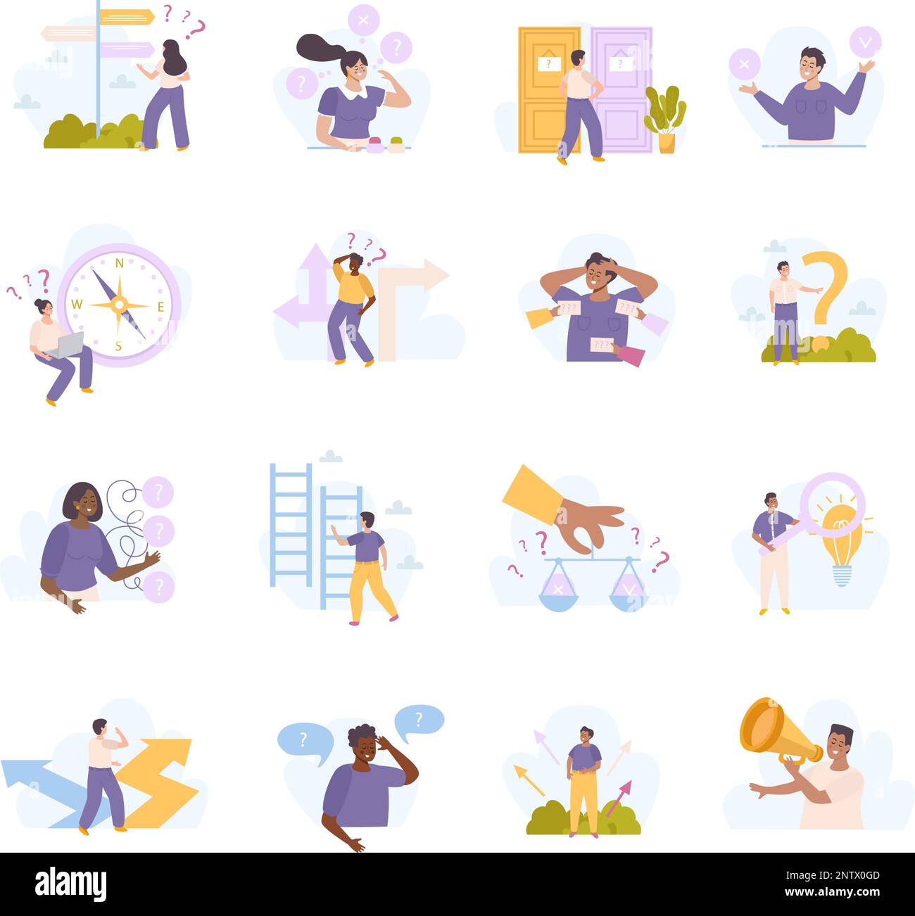 Future career search flat icons set with people thinking about finding ...