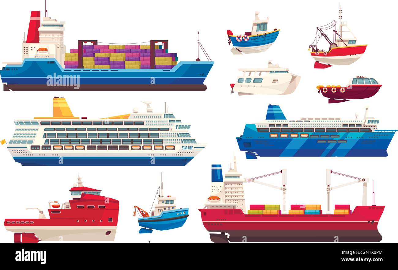 Cargo and cruise ships set with port symbols flat isolated vector ...