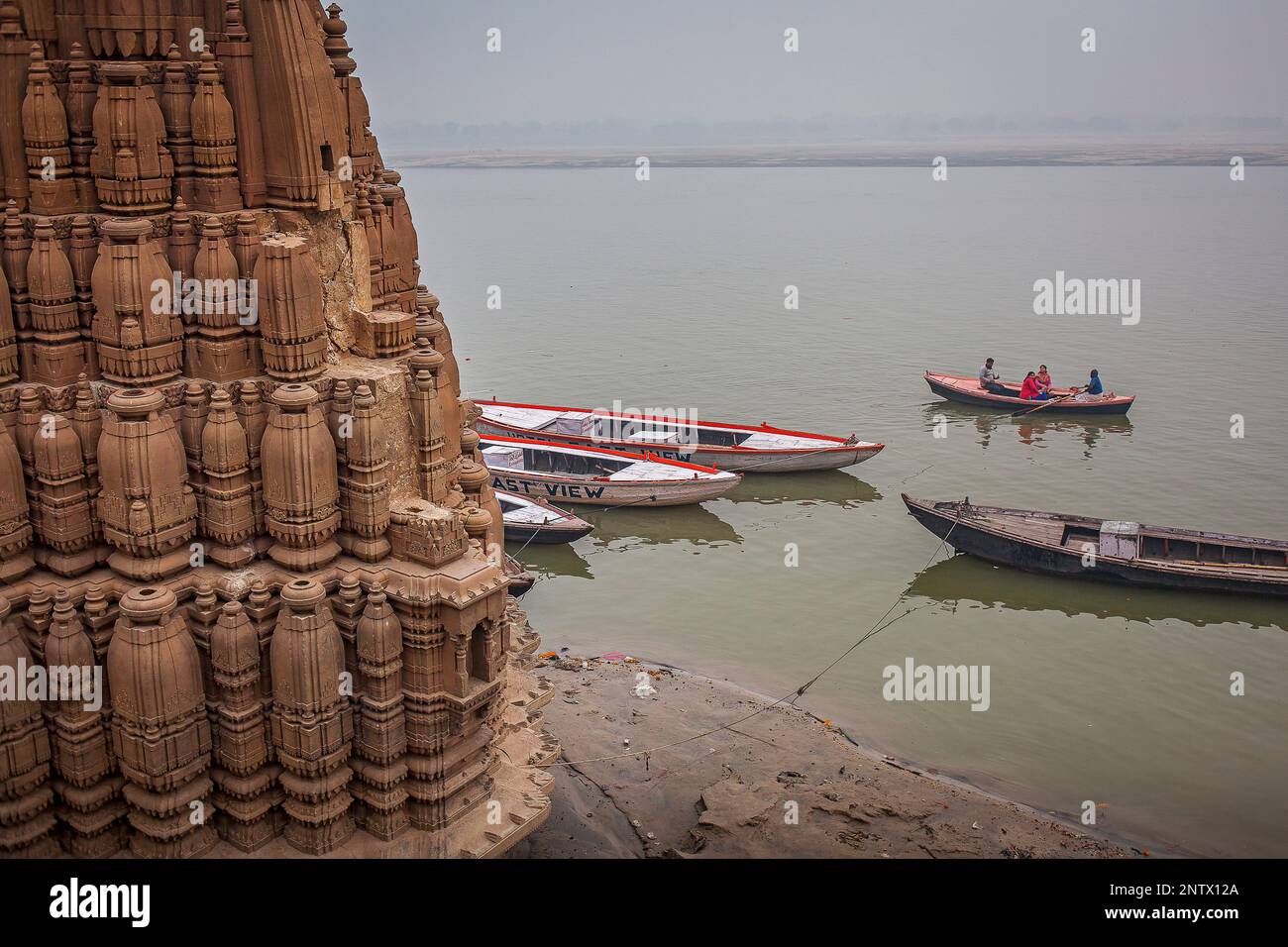 View of Ganges river from Scindia Ghat, at left Temple of Shiva ...