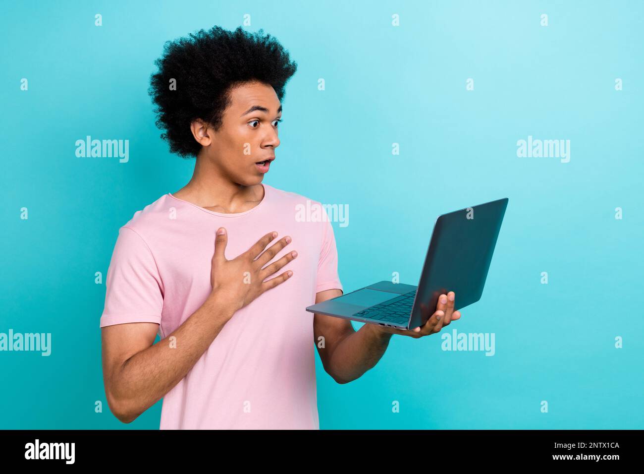 Closeup portrait of funny scared confused handsome guy touch chest bad ...
