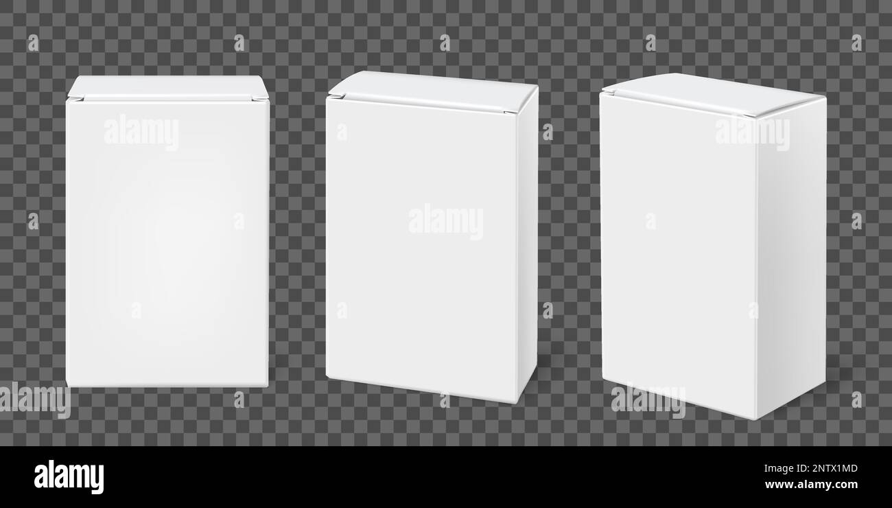 Realistic box mockup transparent set with images of three blank boxes ...