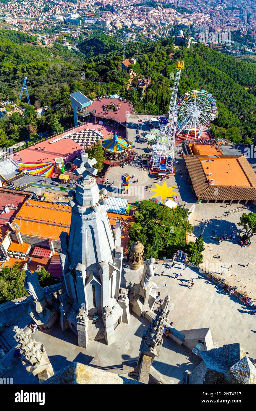 View of Tibidabo Amusement Park from the Temple of the Sacred Heart of ...