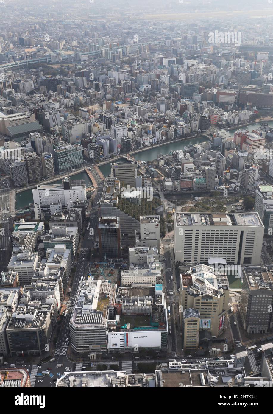 An aerial photo shows Tenjin area in Fukuoka City, Fukuoka Prefecture ...