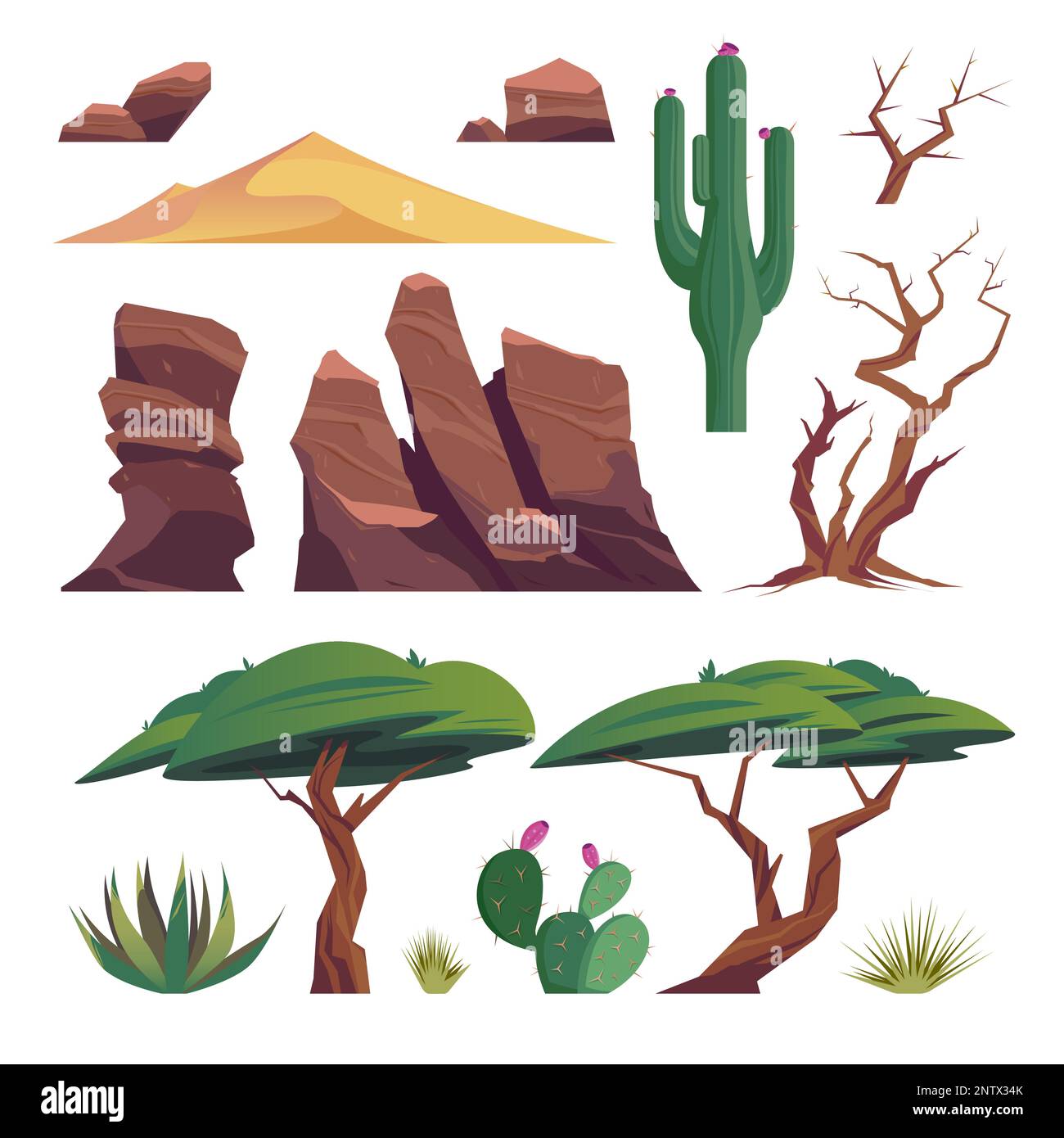Sandy desert set of isolated icons with low trees and bushes dry stems ...