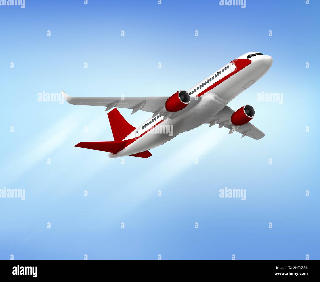 Flying airplane realistic composition with sky scenery and passenger ...