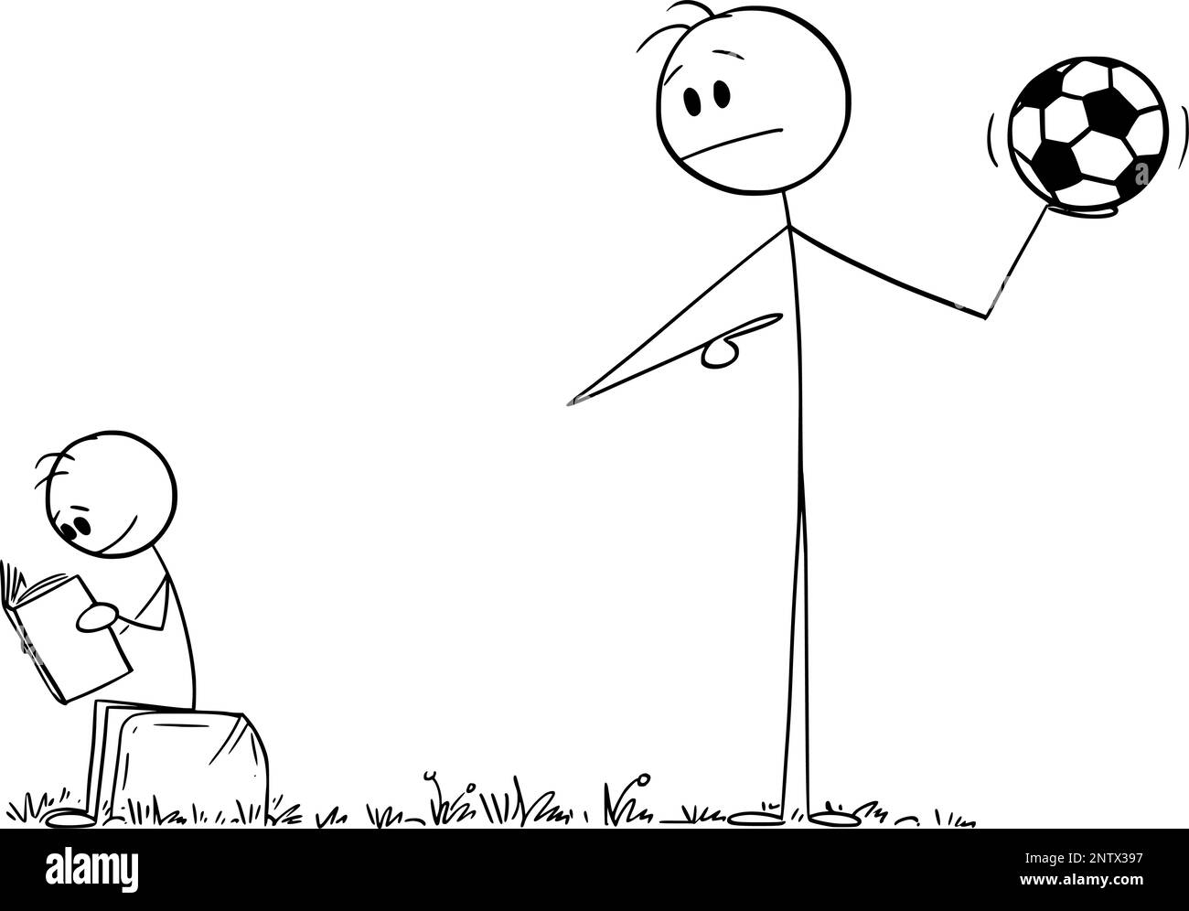 Child or Boy Reading Book, Don't Want to Play , Vector Cartoon Stick ...