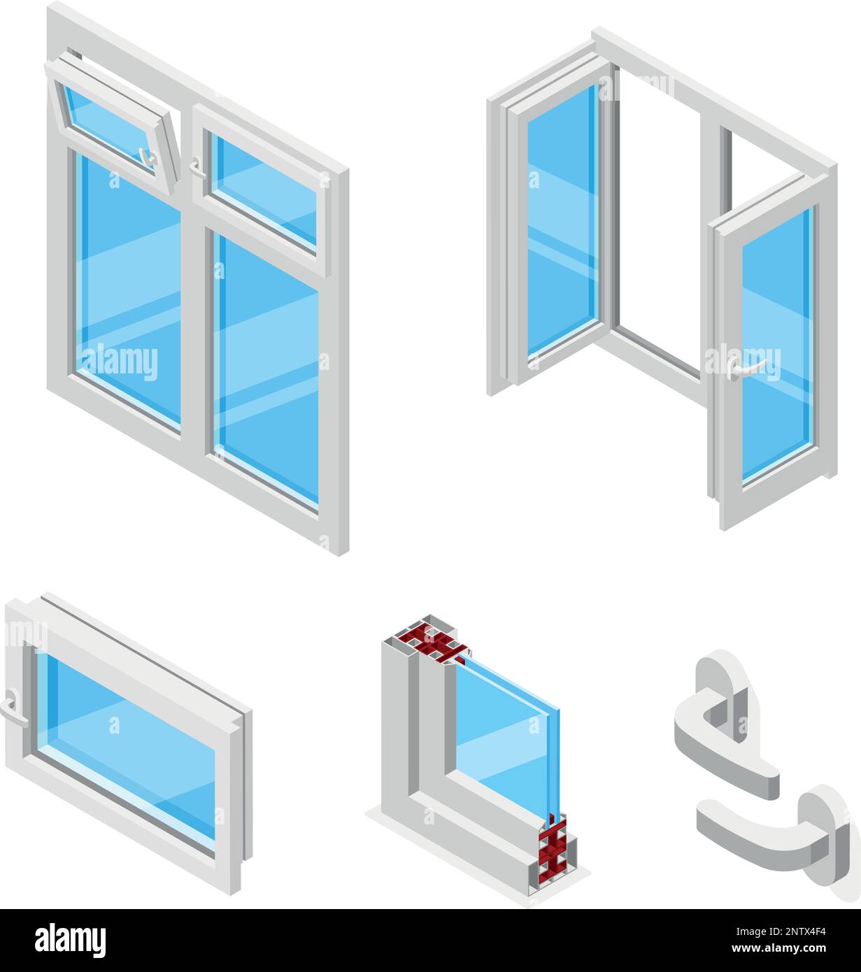 Plastic windows in different views isometric icons set isolated vector ...