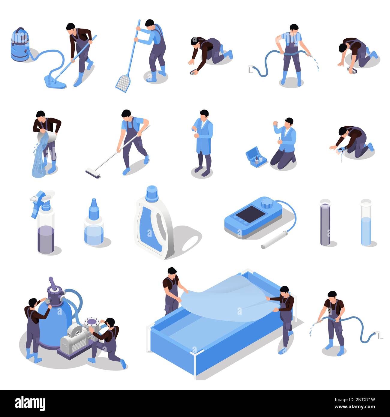 Swimming pool maintenance service isometric set with isolated icons of ...