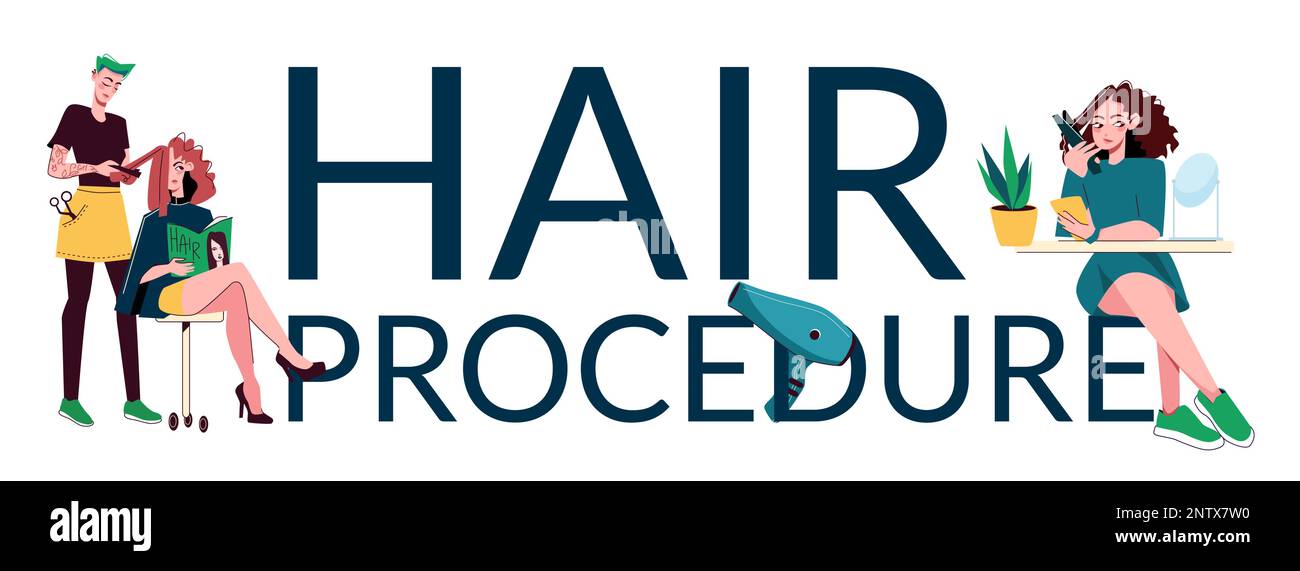Hair procedure salon flat text composition with stylist and girls with ...